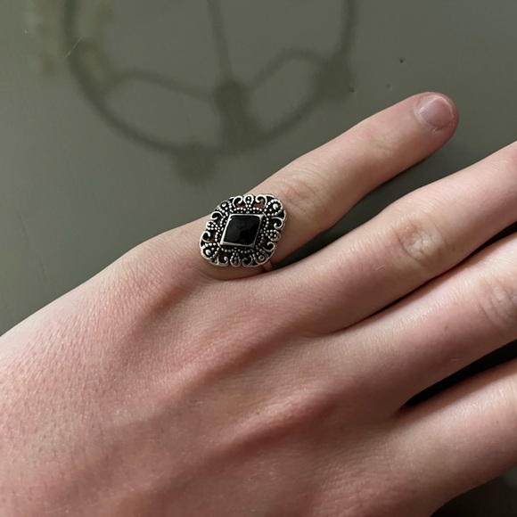 Jewelry | Vintage Silver Ring With A Black Embezzled Stone | Poshmark